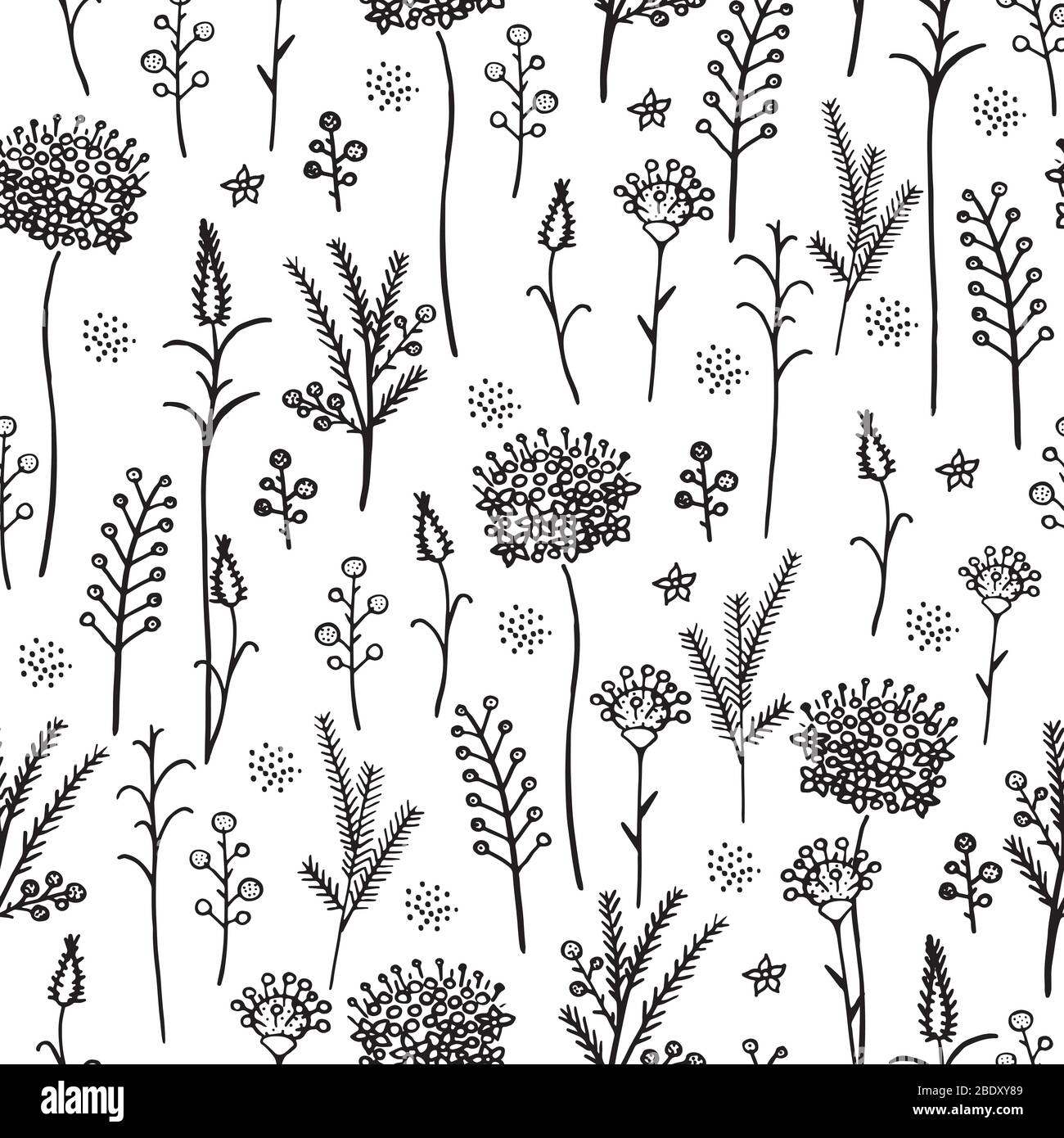 Delicate twigs with small flowers and berries. Vintage seamless pattern ...