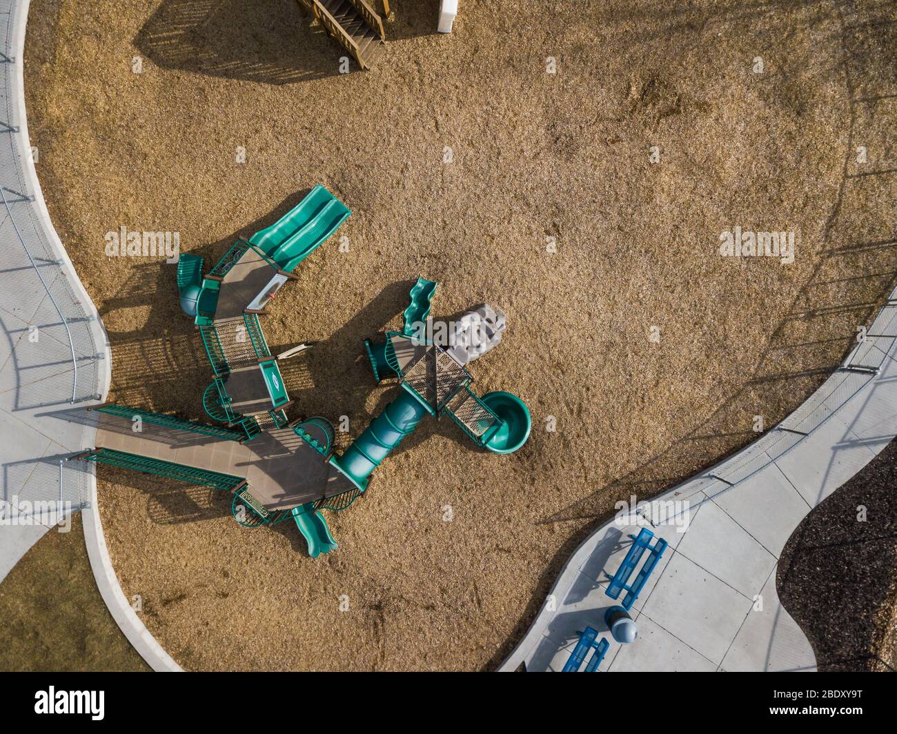 Overhead aerial of vacant elementary school playground and surrounding ...