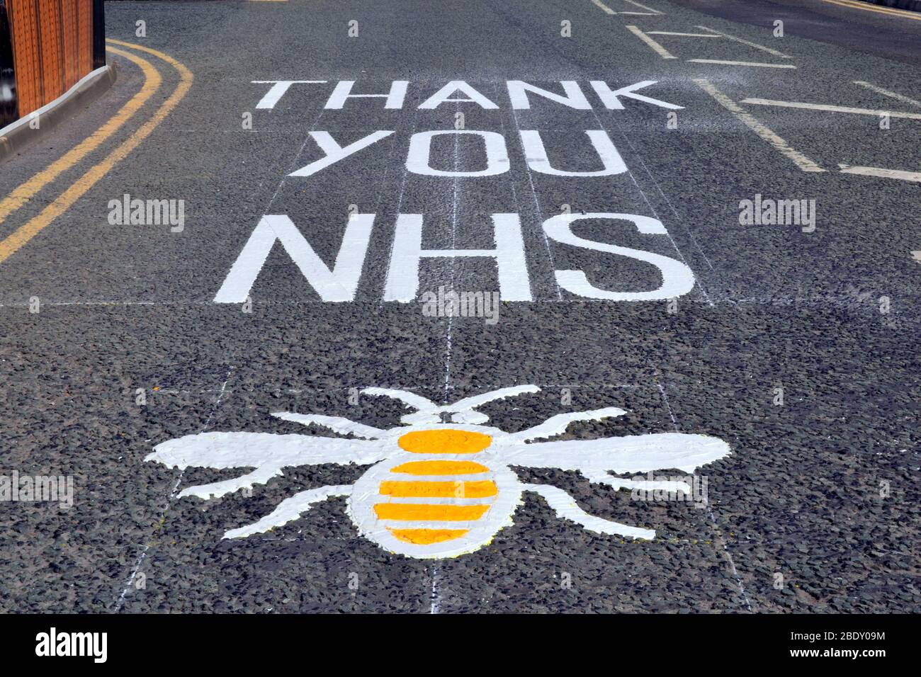A 'Thank You NHS' sign, with a bee, the official symbol of Manchester ...