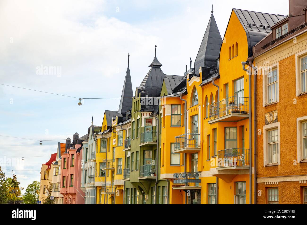 Multicolored facades of buildings in Helsinki, the capital of Finland ...