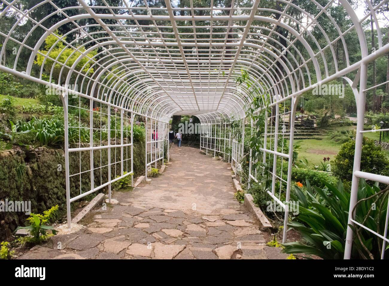 Open walkway with a white painted open steel wall and roof Stock Photo ...