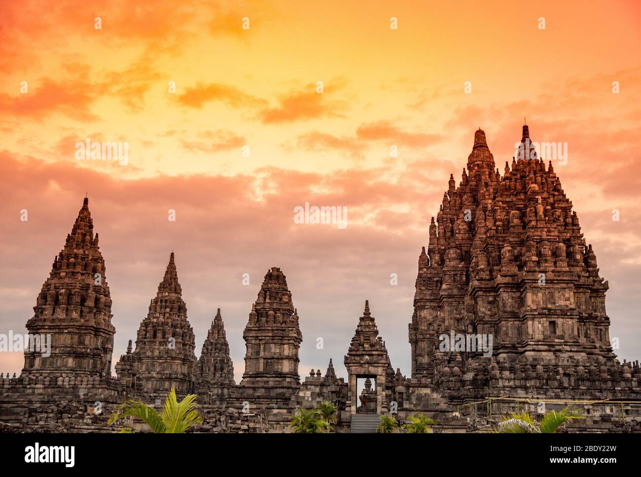 Sunset at Prambanan hindu Temple of Yogyakarta, Indonesia Stock Photo ...