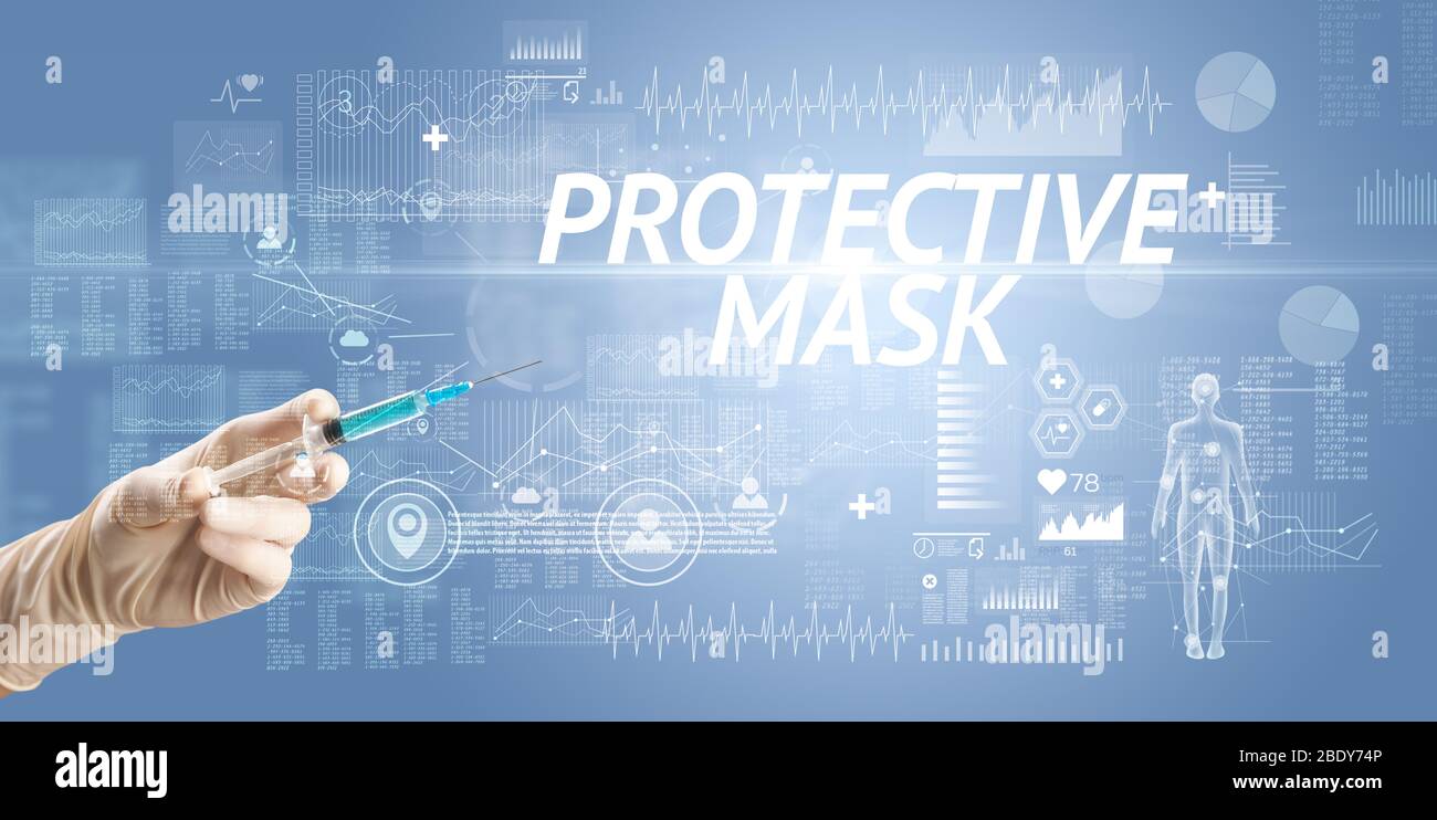 Syringe needle with virus vaccine and PROTECTIVE MASK inscription, antidote concept Stock Photo ...