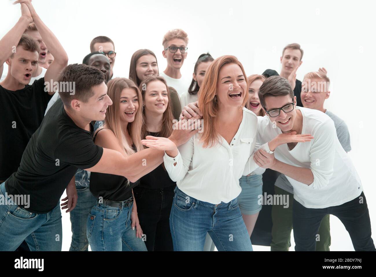 group of young people supporting their happy leader Stock Photo - Alamy