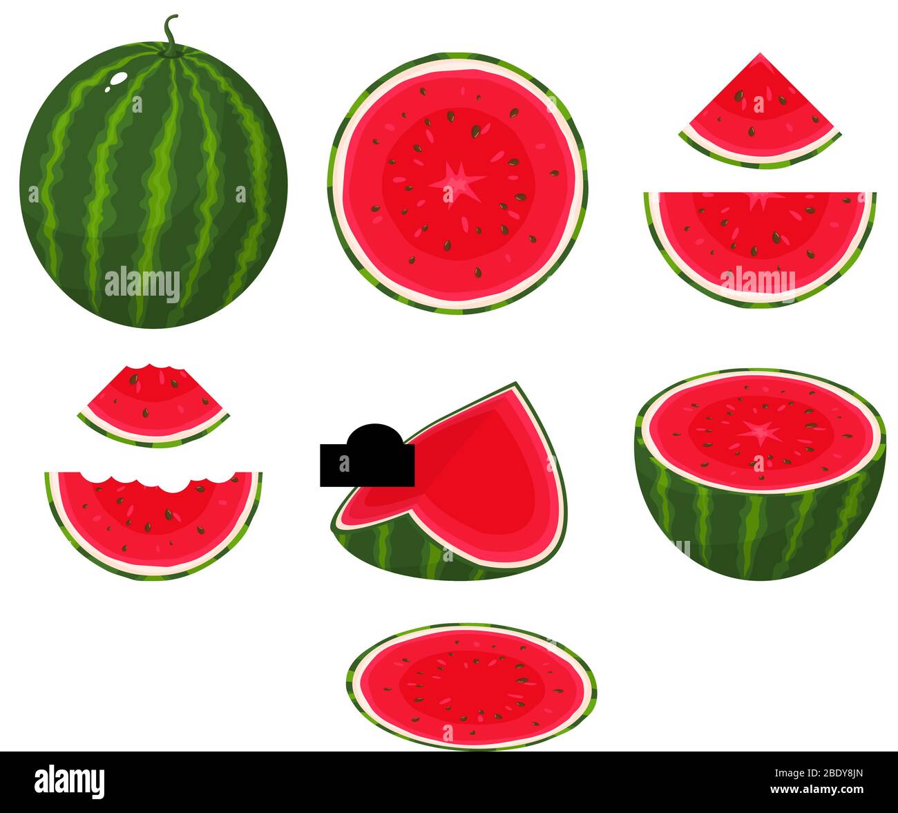 Set of fresh whole, half, cut slice watermelon fruit isolated on white ...