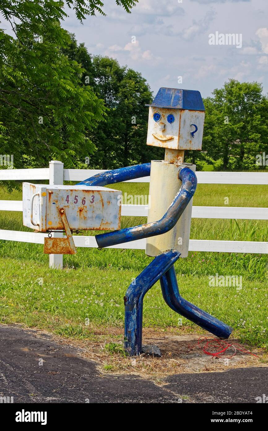 unique mailbox stand, metal, rusting, robot man, blue, shite, grass ...