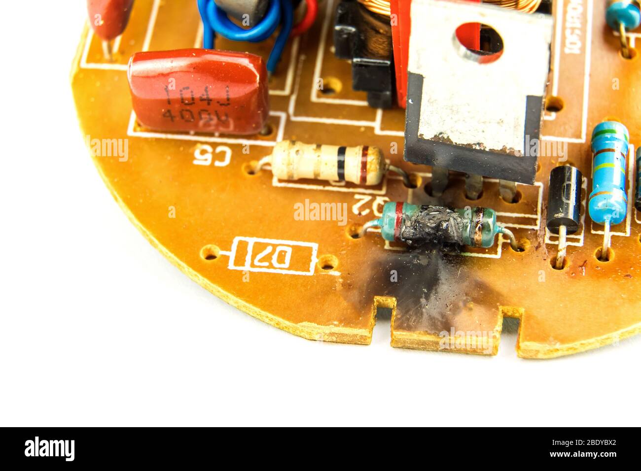 Fire in electronics. Damaged electronic component LED bulbs. Faulty ...