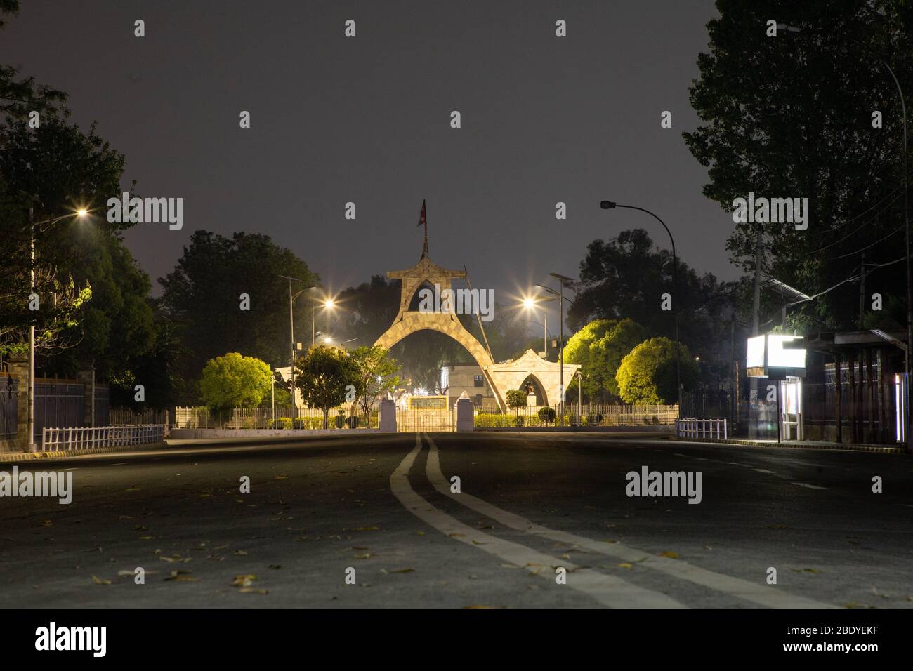 Kathmandu, Nepal. 10th Apr, 2020. Night view of an empty Sahid Gate ...