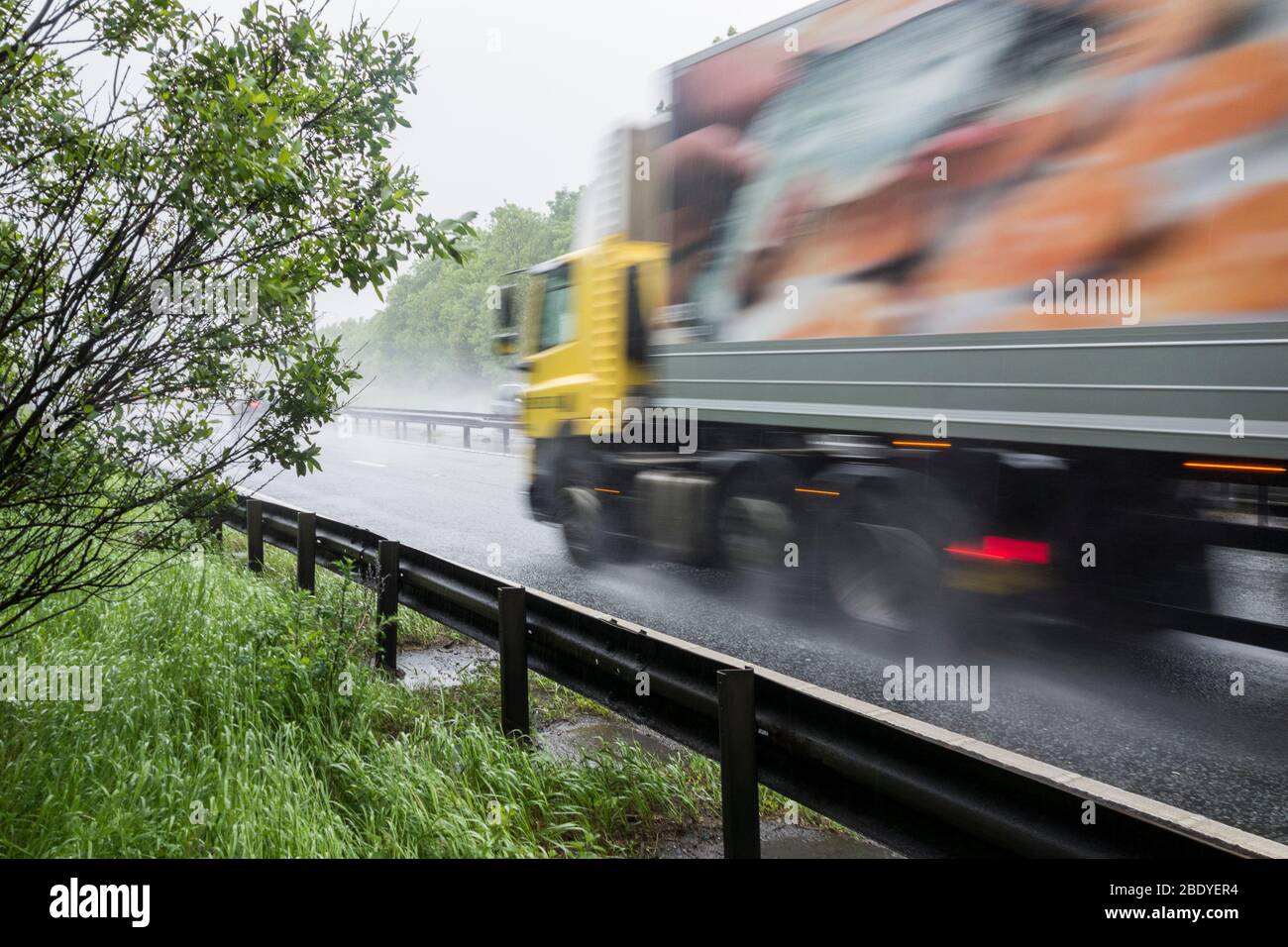 Morrisons delivery lorry, truck in heavy rain on A19 dual carriageway ...