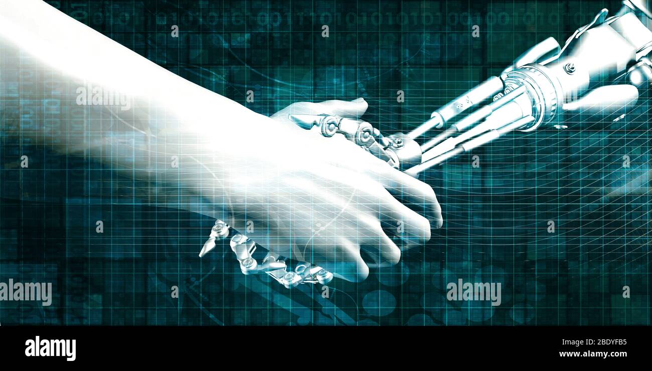 Man and Machine Robot Hand Handshake as Tech Concept Stock Photo - Alamy