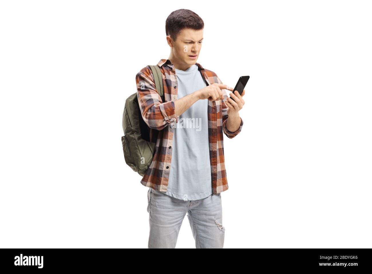 Male student using a mobile phone isolated on white background Stock ...