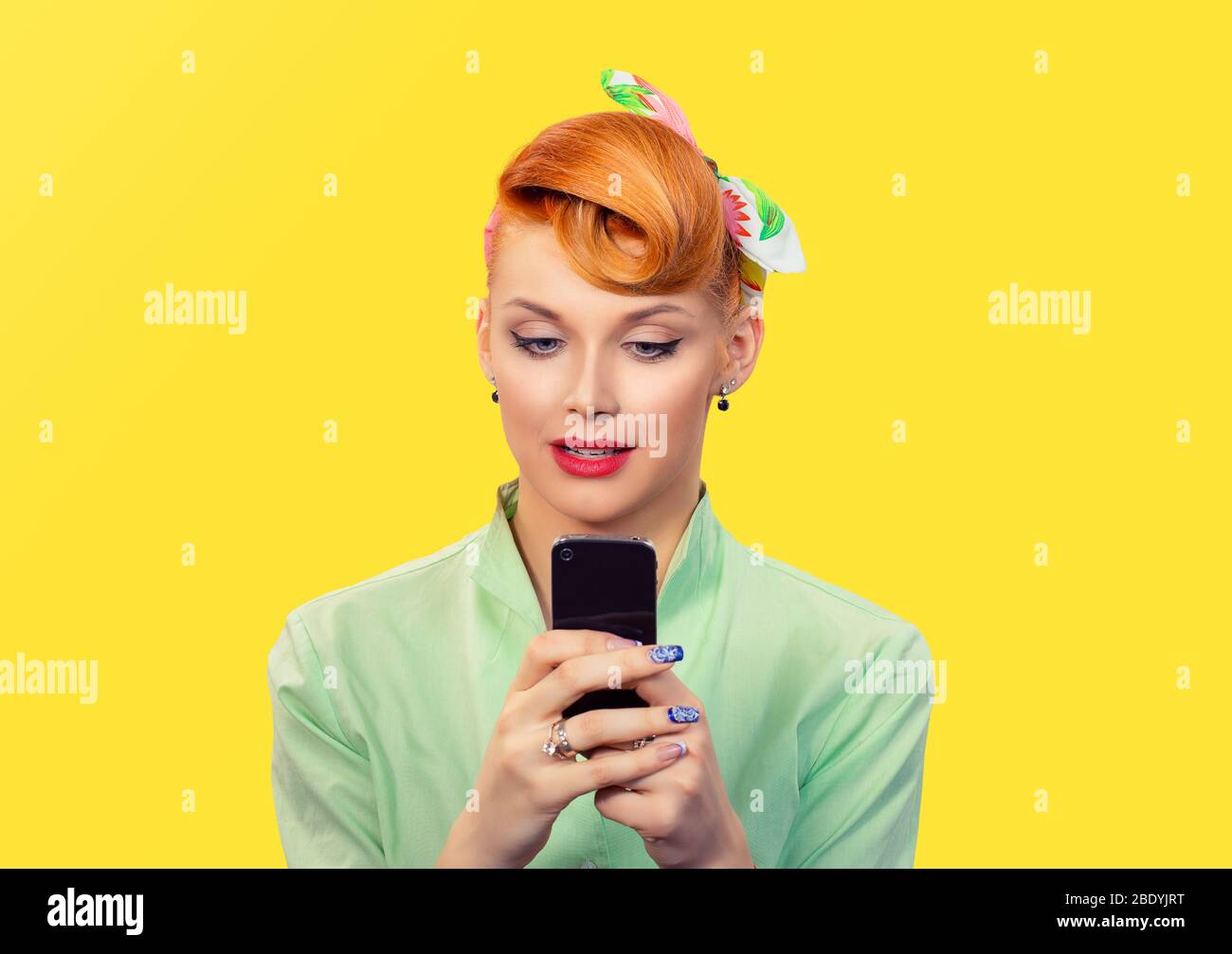 Phone Texting. Beautiful attractive pinup girl playing on cellphone ...