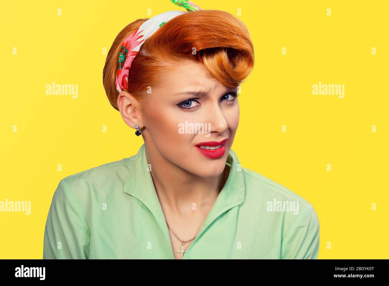 Frustrated Closeup portrait headshot skeptical young lady woman girl ...