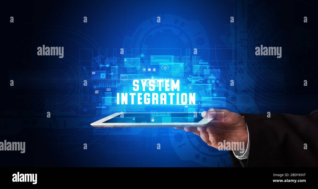 Young business person working on tablet and shows the digital sign ...