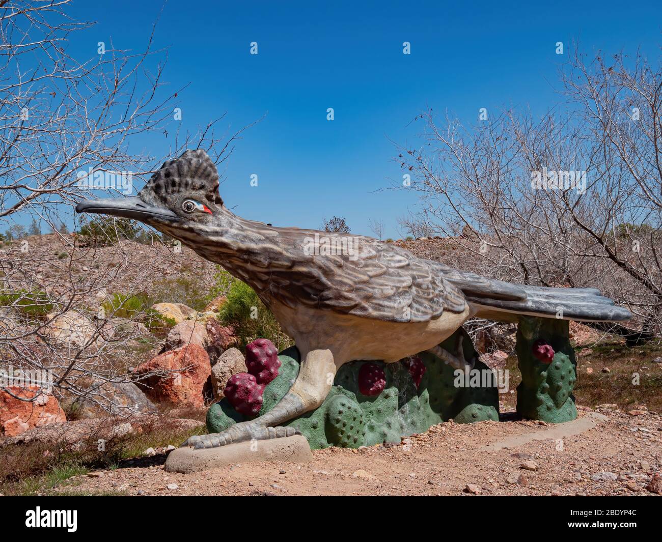 Greater roadrunner statue in Nature Discovery Trail and Rock Garden at ...
