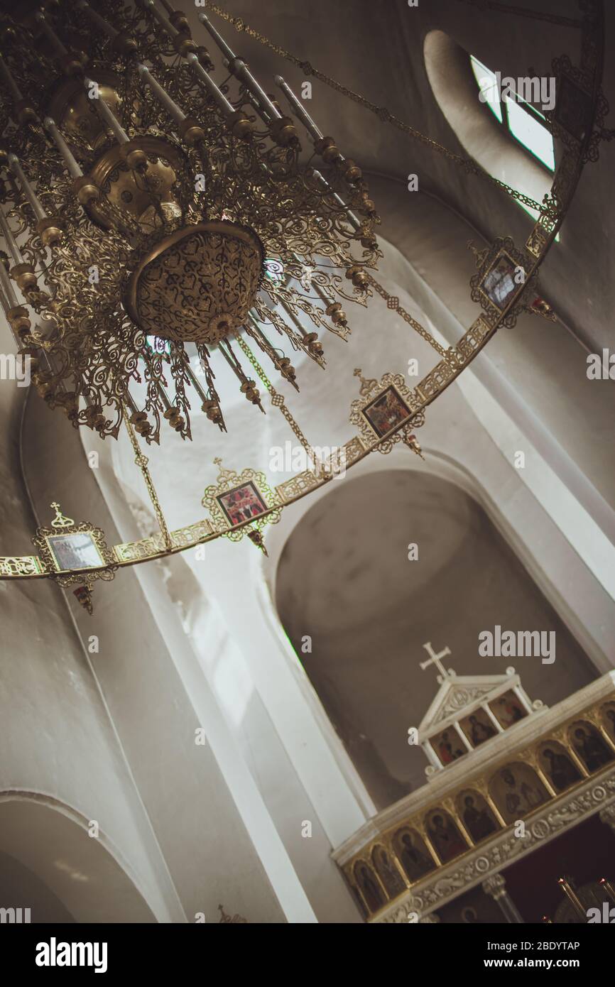 Beautiful Orthodox Christian Church. Large chandelier.Vintage photo Stock Photo - Alamy