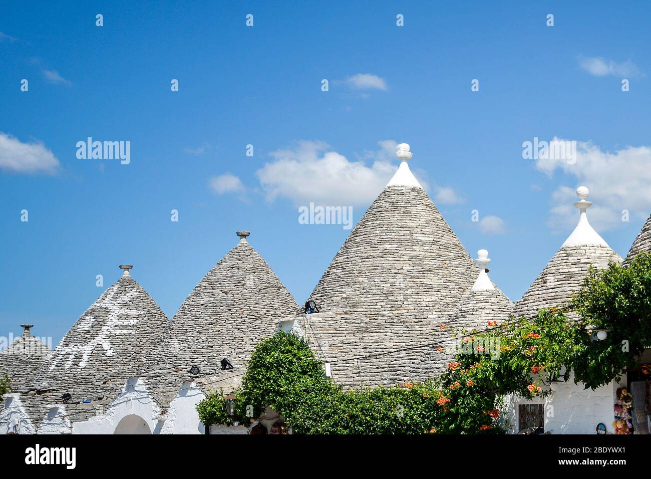 view of the typical conic roof of trullo buildings. Alberobello, Puglia ...