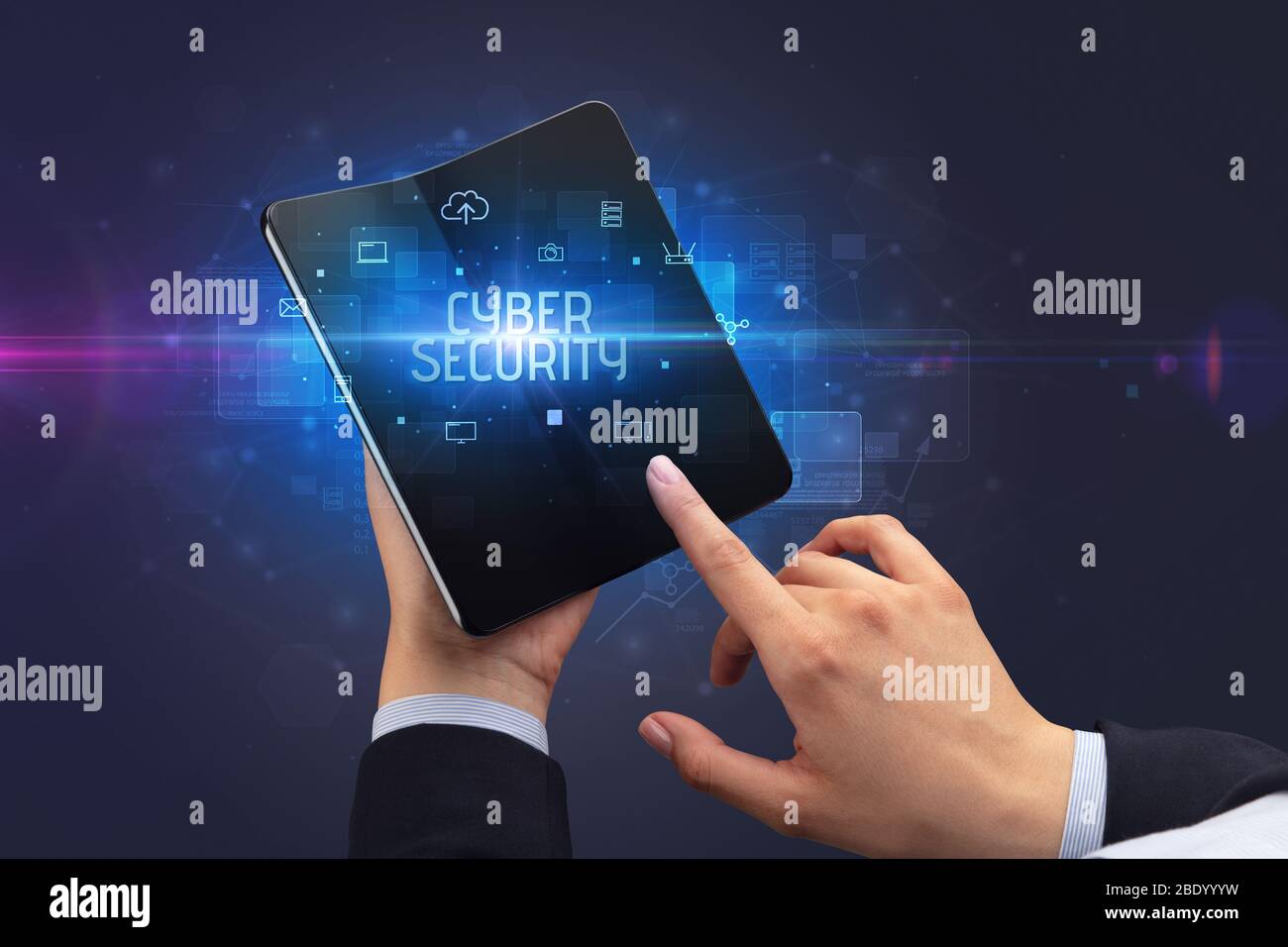 Businessman holding a foldable smartphone with CYBER SECURITY ...