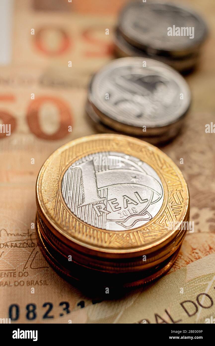 Real currency, money from brazil. Brazilian banknotes and coins ...