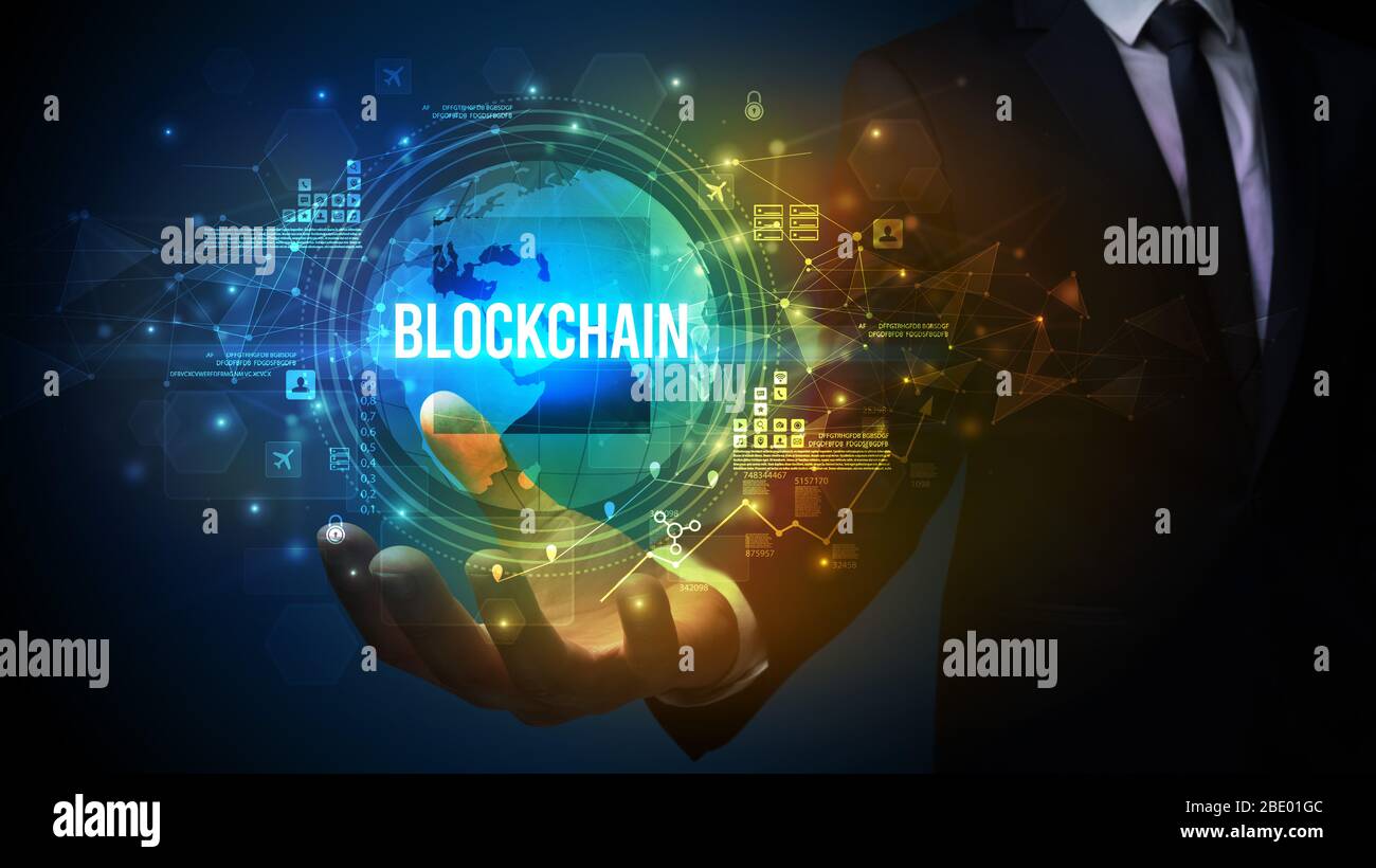 Elegant hand holding BLOCKCHAIN inscription, digital technology concept ...