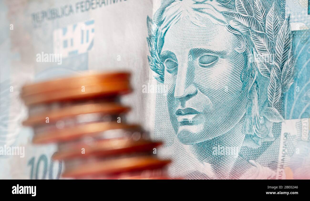 Real currency, money from brazil. Brazilian banknotes and coins ...
