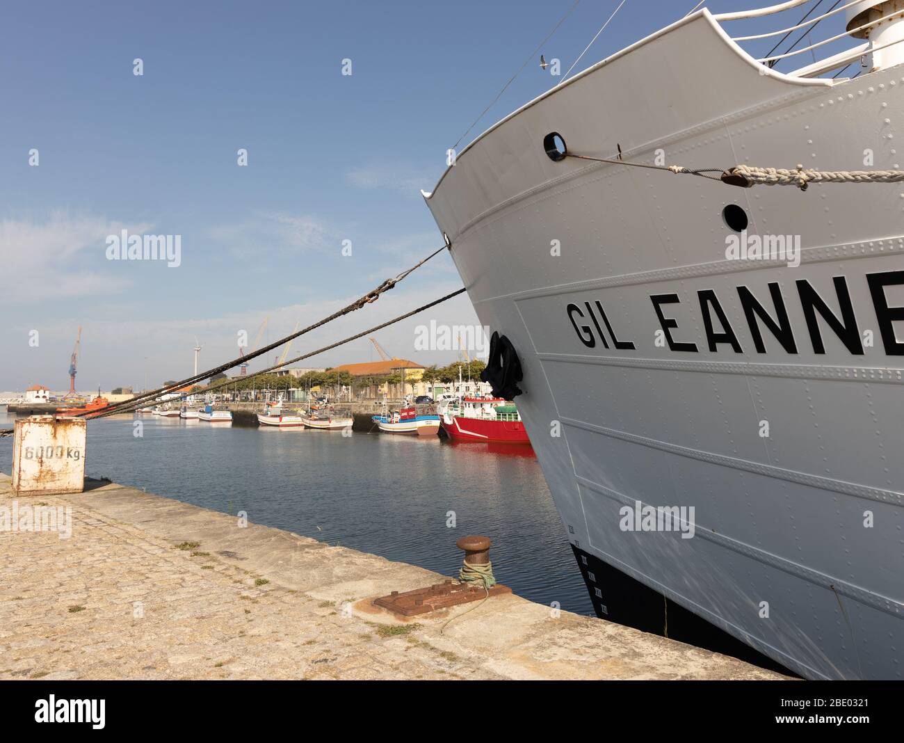 View of bow of moored hospital ship Gil Eannes on the waterfront in ...