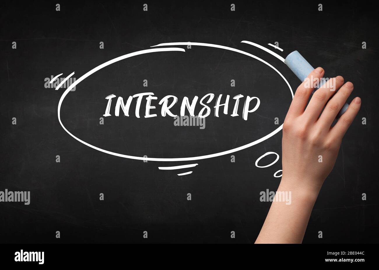 Hand drawing INTERNSHIP inscription with white chalk on blackboard ...