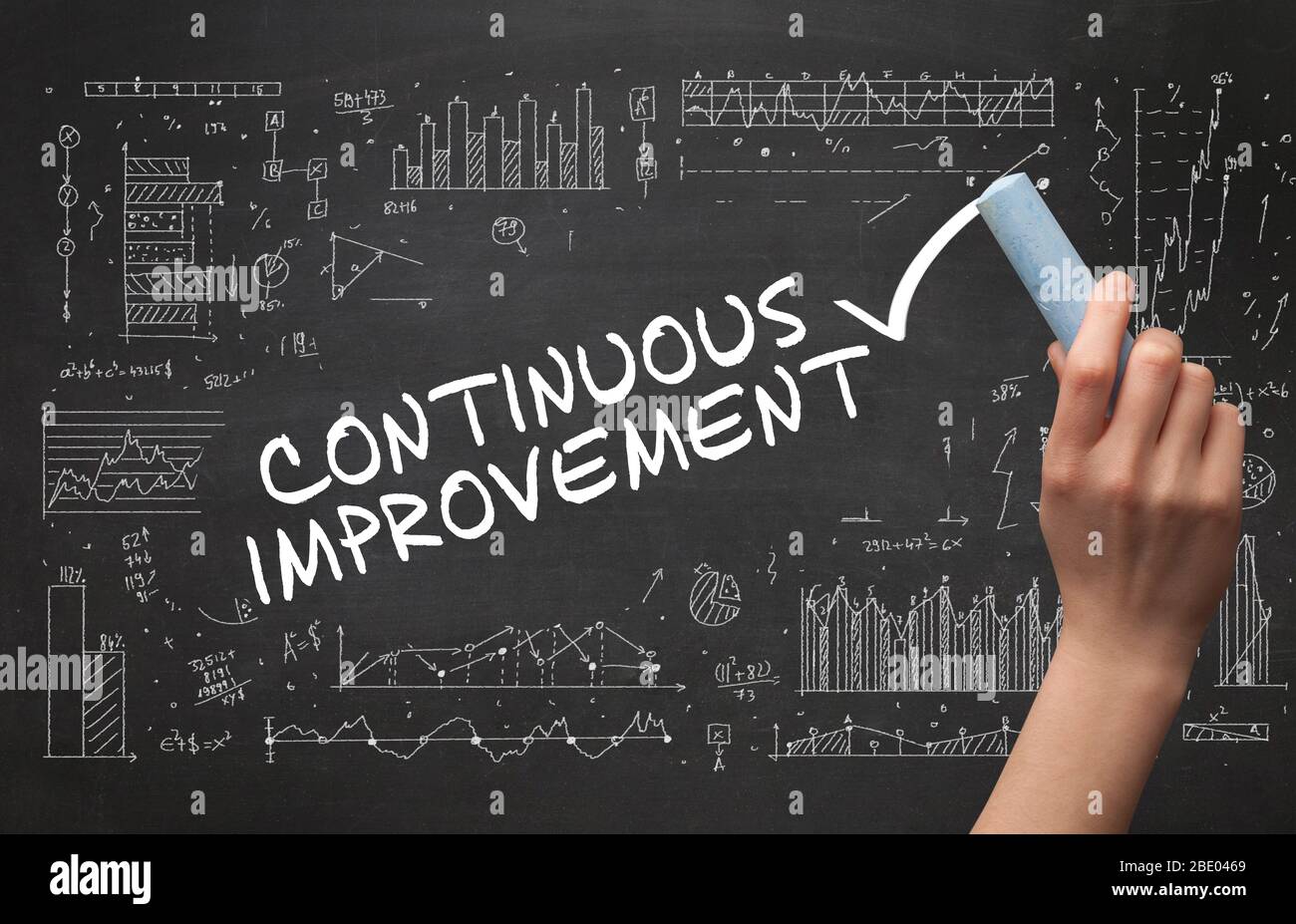 Hand drawing CONTINUOUS IMPROVEMENT inscription with white chalk on ...
