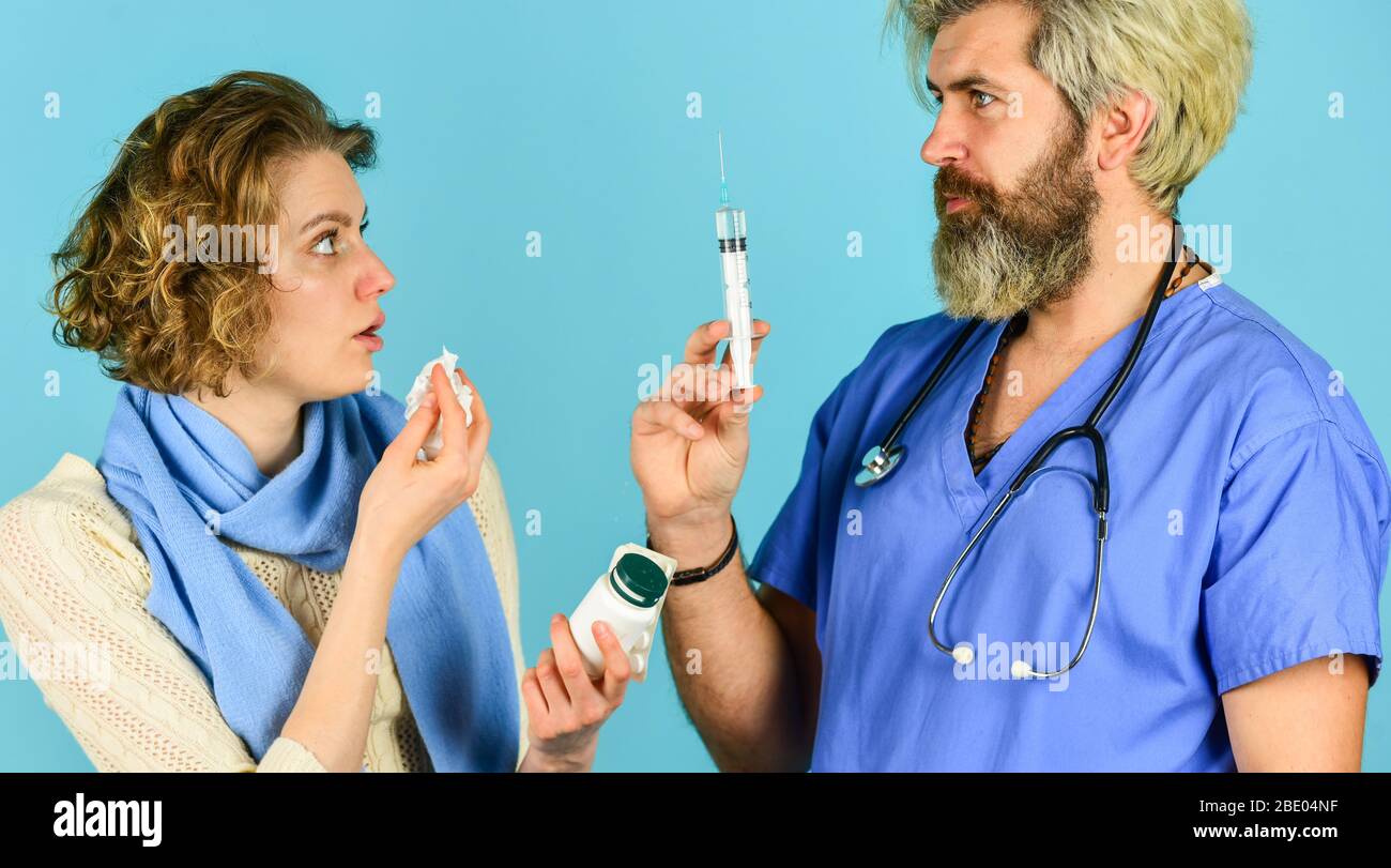 Flu concept. Medical injection. Vaccine development. Man nurse with ...