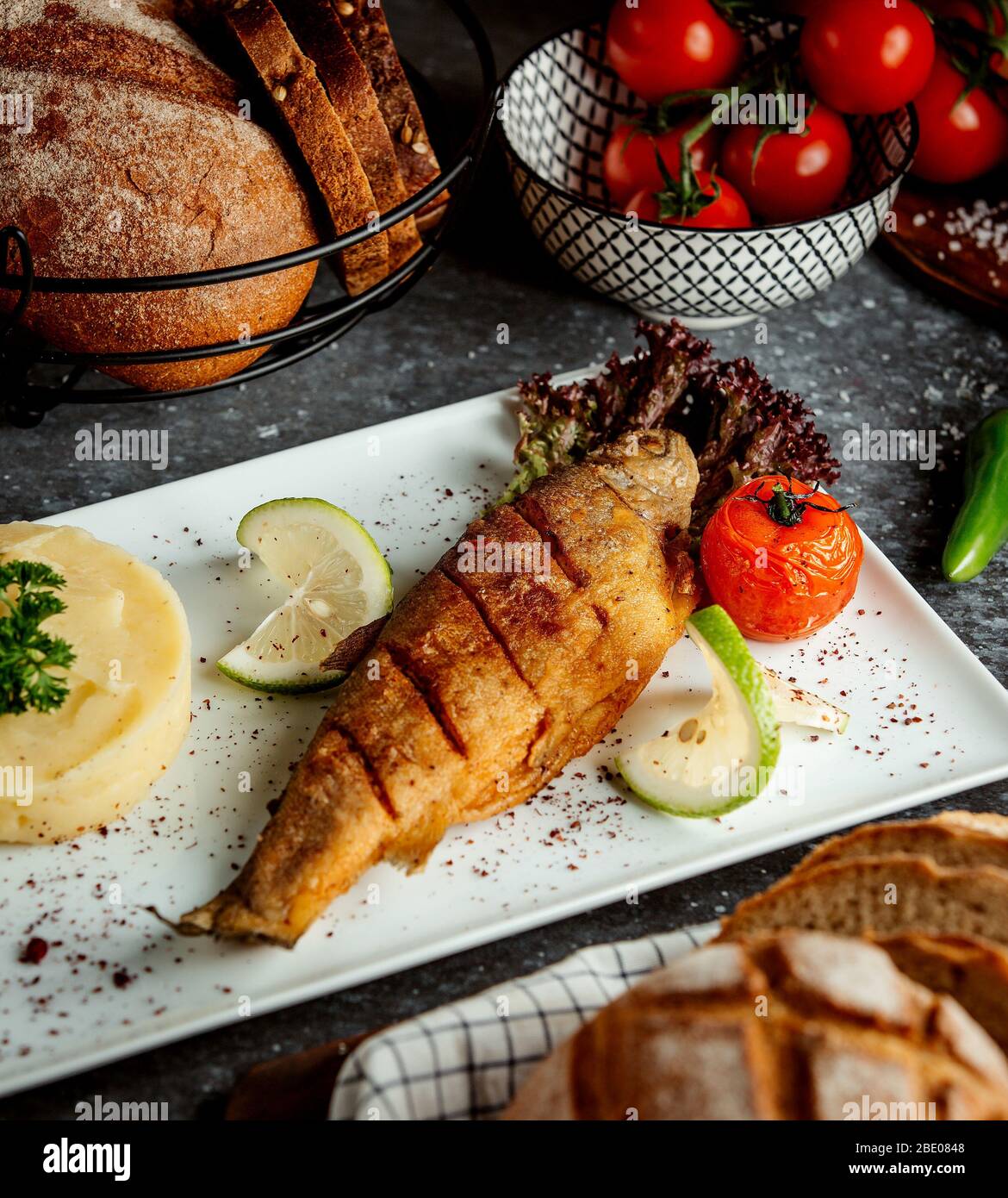 fried fish with potato mash Stock Photo - Alamy