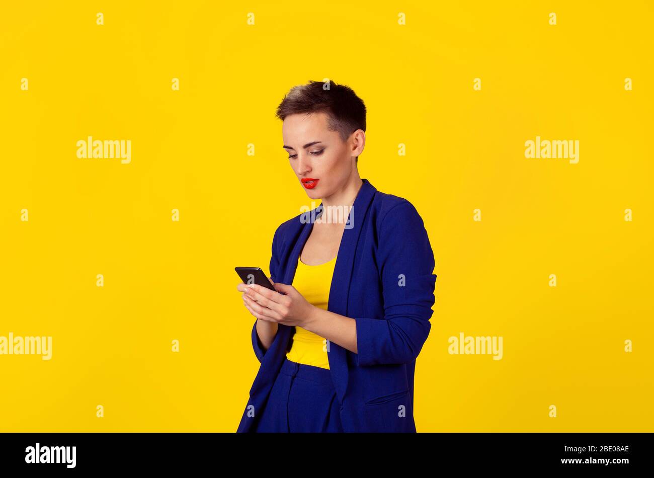 Closeup portrait, serious young woman attentive excited attracted by ...