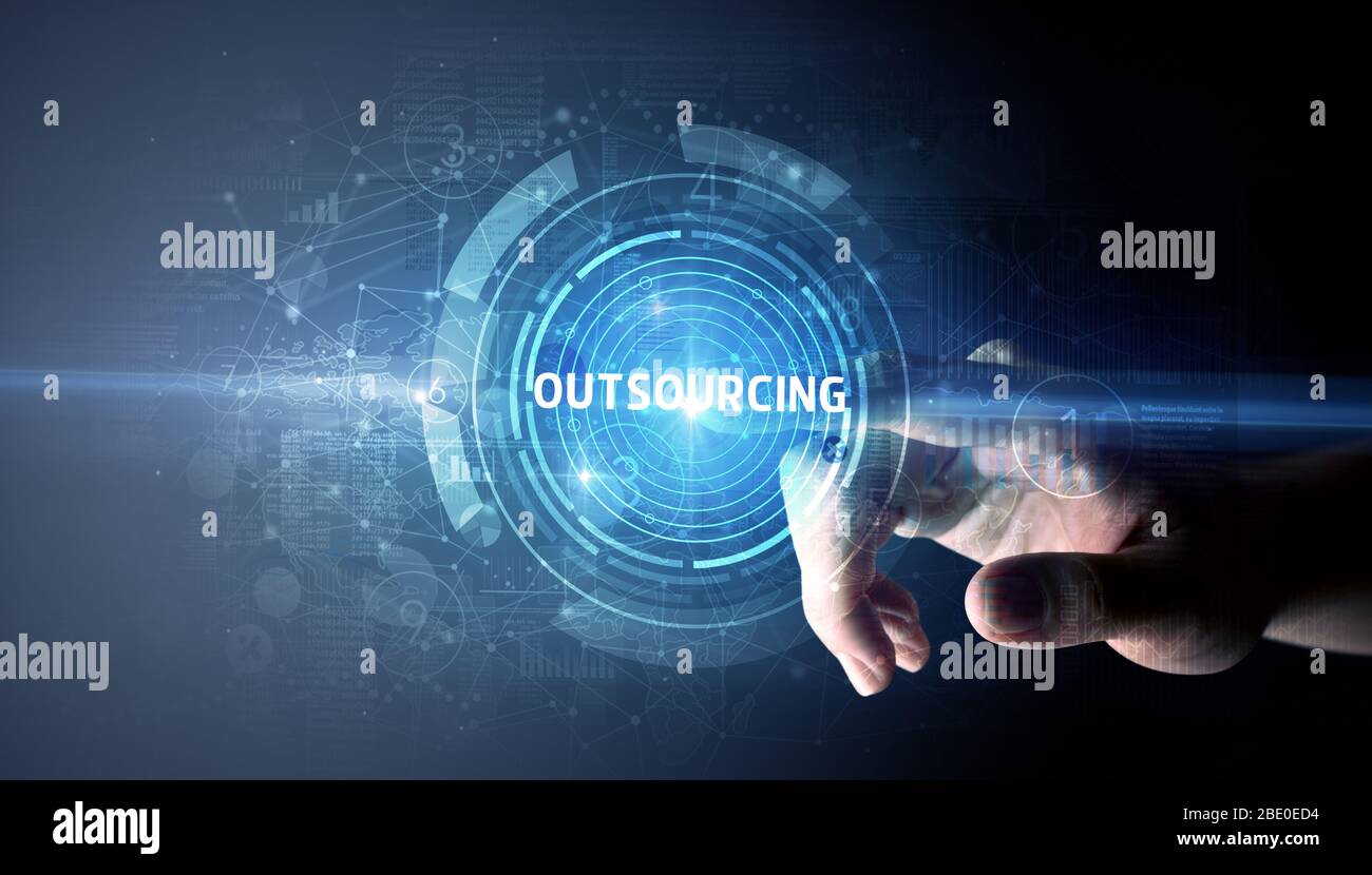 Hand touching OUTSOURCING button, modern business technology concept ...