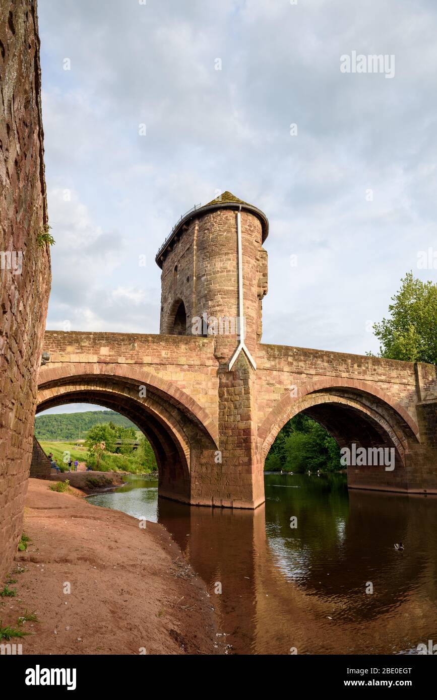 Unusual view of the arches of Monnow bridge in Monmouth, Wales. It is ...