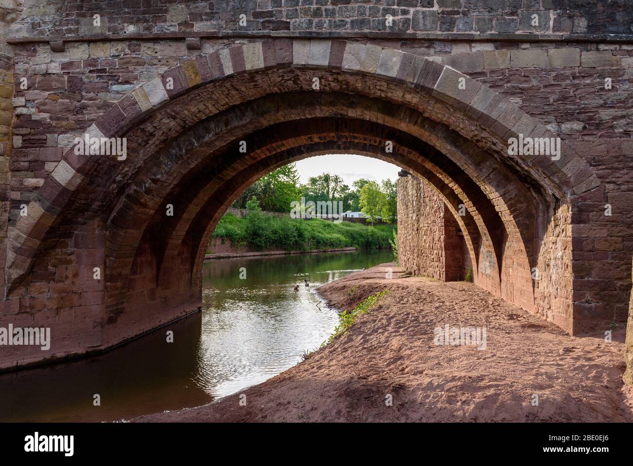 Unusual view of the arches of Monnow bridge in Monmouth, Wales. It is ...