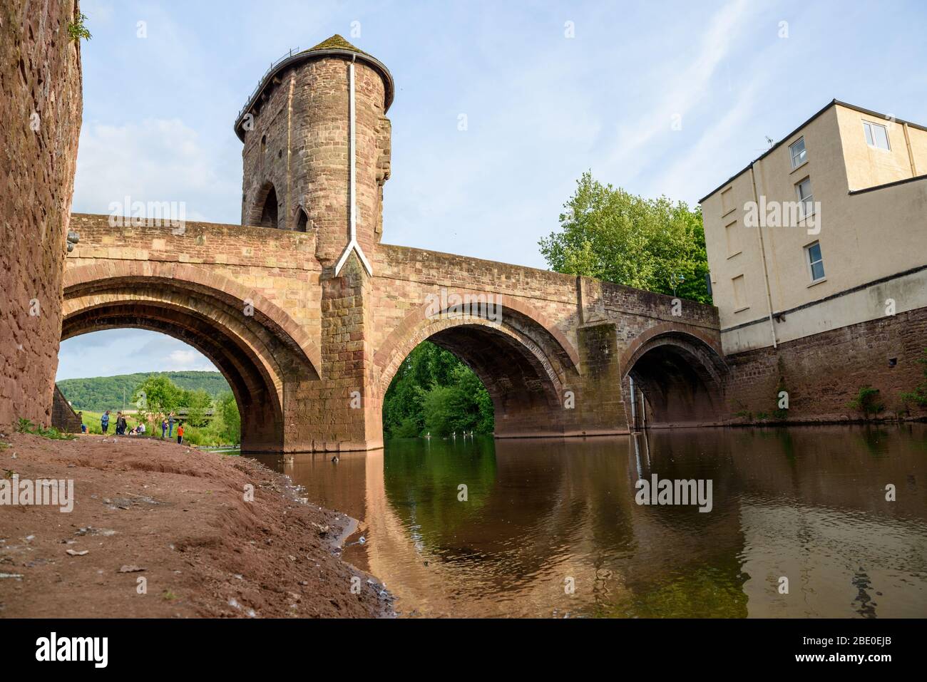 Unusual view of the arches of Monnow bridge in Monmouth, Wales. It is ...