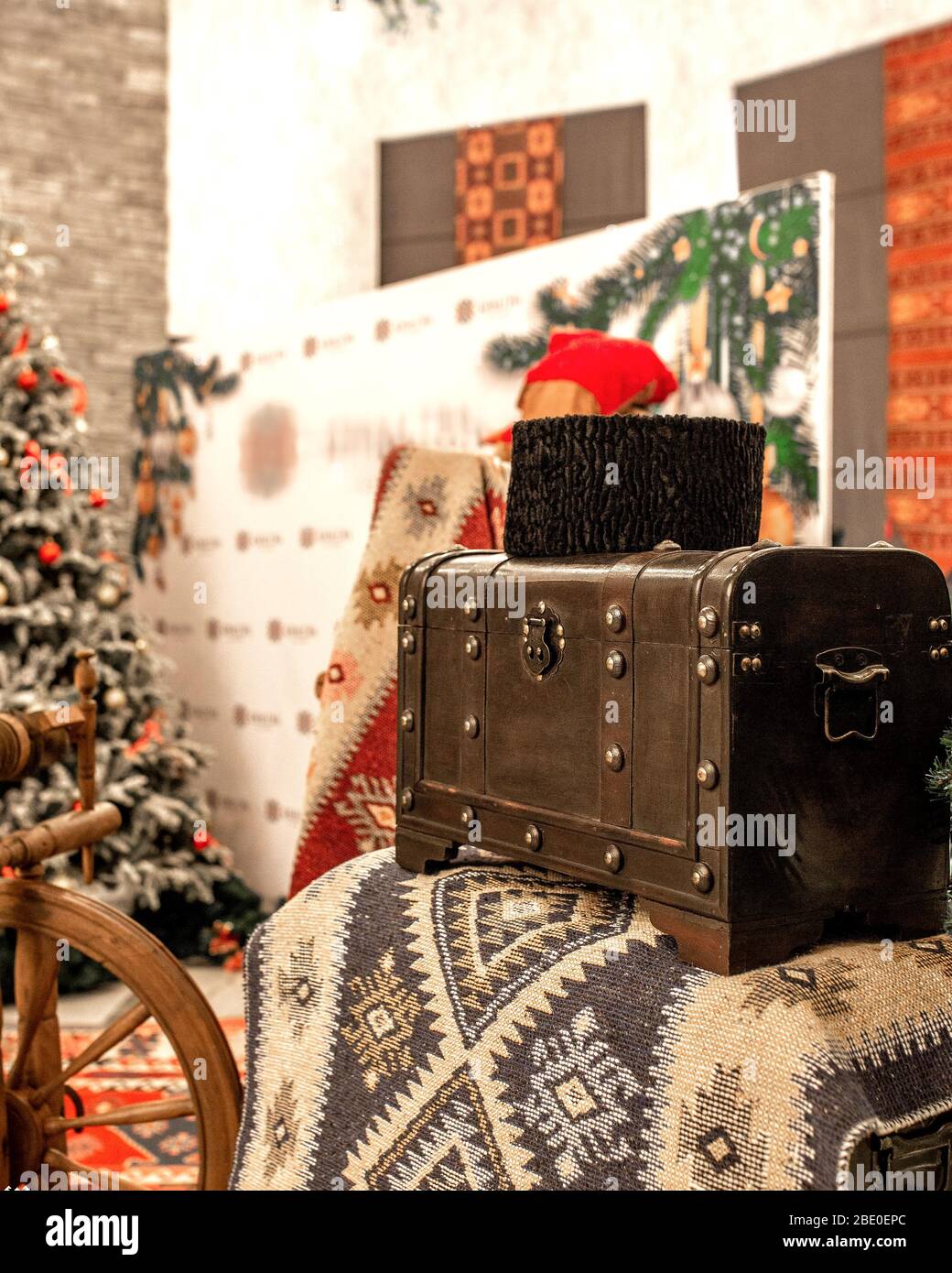 new year tree and chest Stock Photo - Alamy