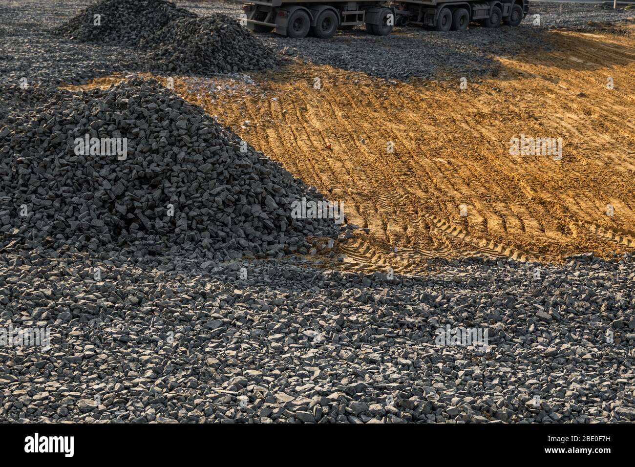 Gravel and sand piles on construction site. Materials for building ...