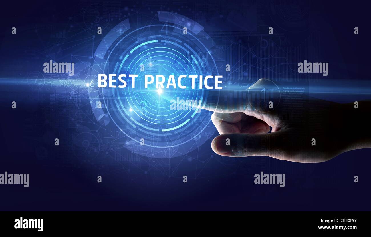 Hand touching BEST PRACTICE button, modern business technology concept ...