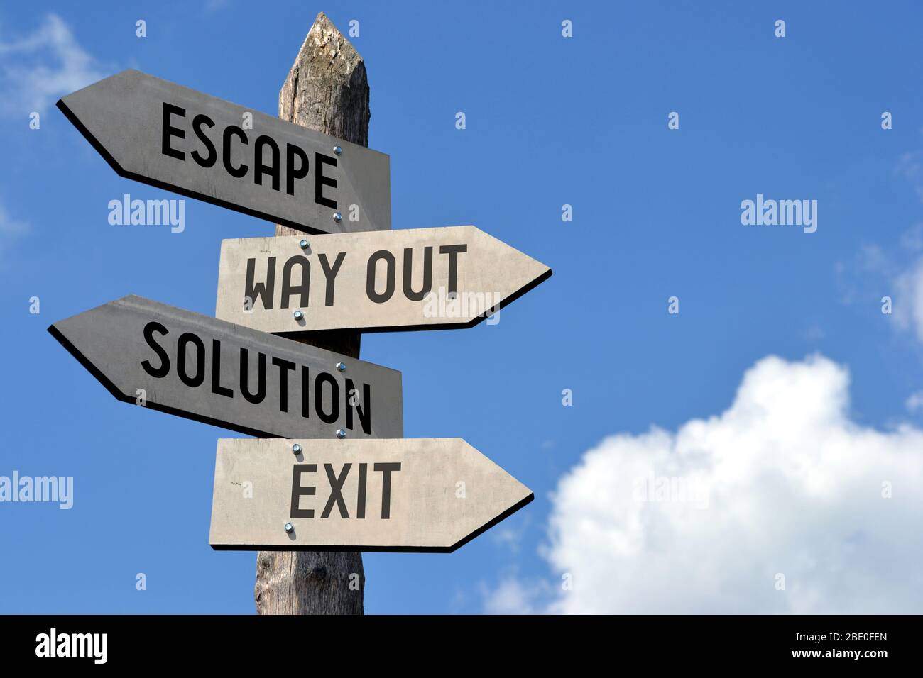 Escape, way out, solution, exit signpost Stock Photo - Alamy