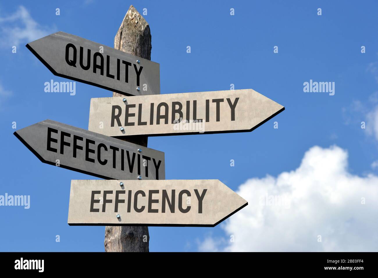 Quality, relability, effectivity, efficiency signpost Stock Photo - Alamy