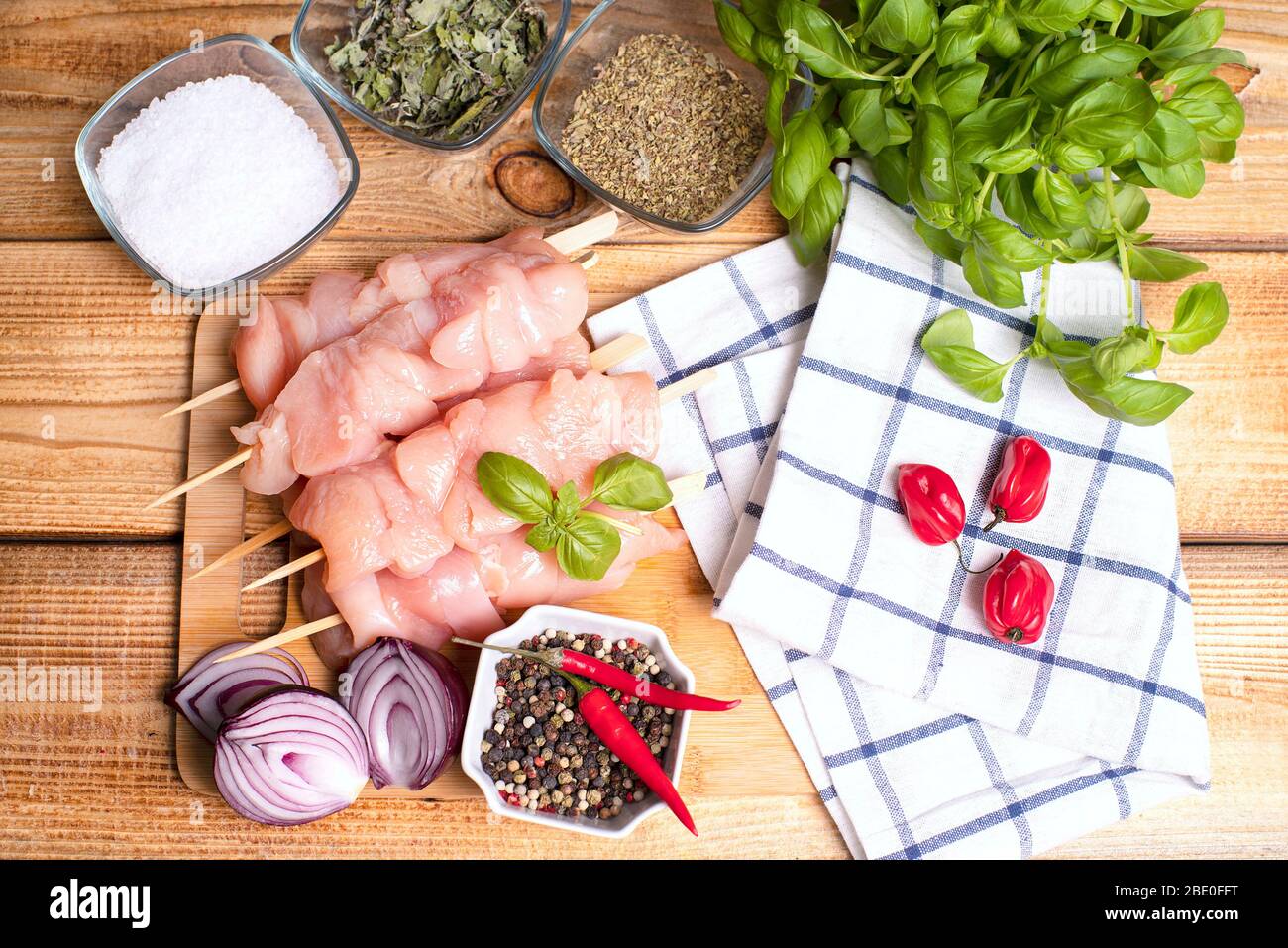 Raw chicken skewers of tender chicken fillet on skewers. Chicken ...
