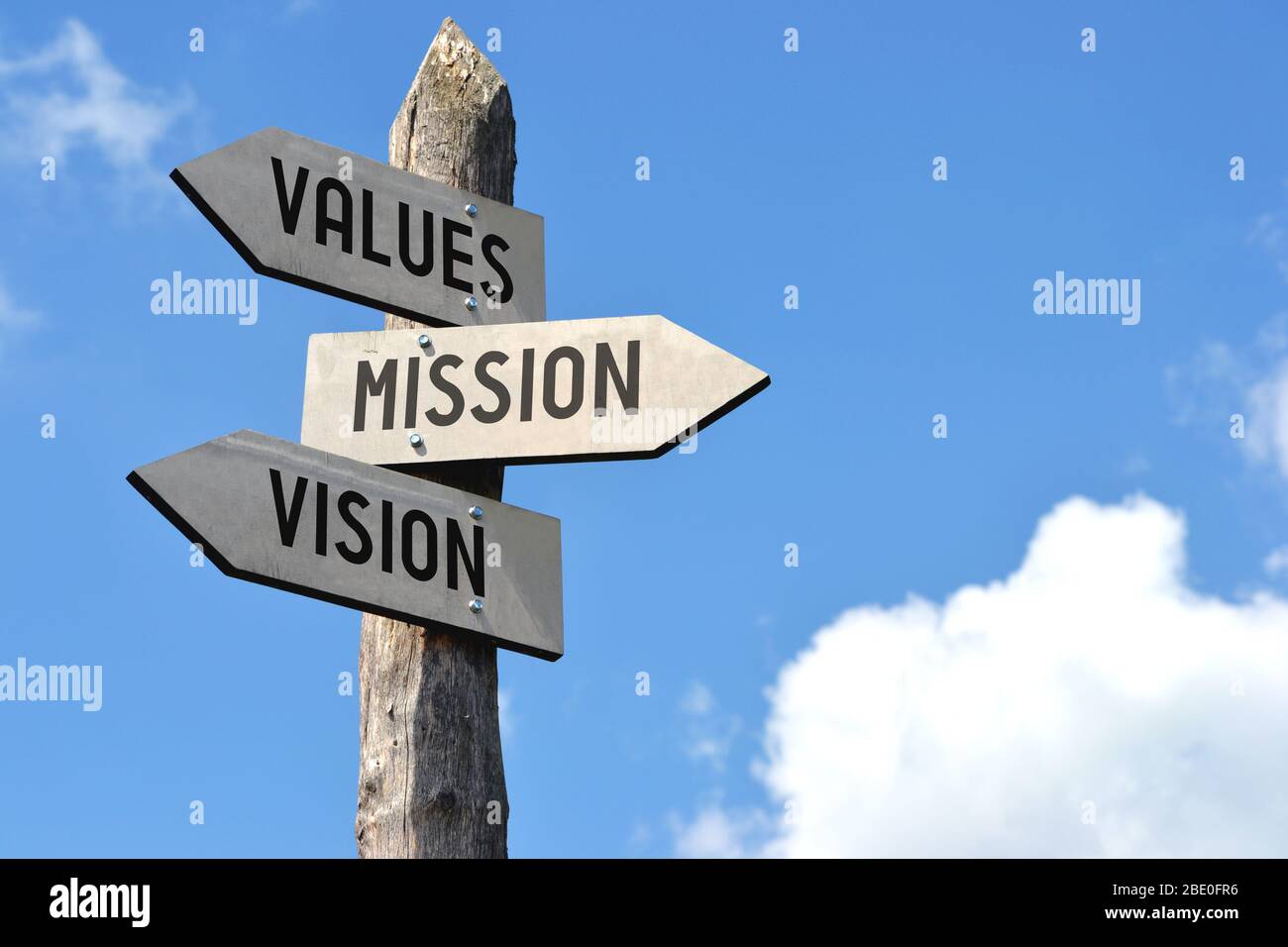 Values, mission, vision signpost Stock Photo - Alamy