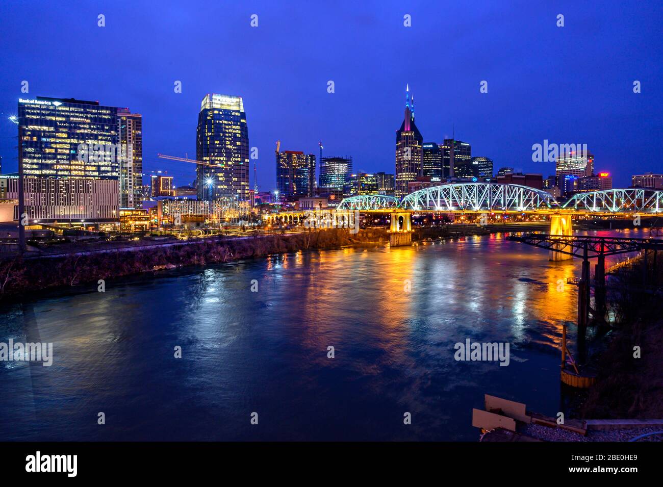 Nashiville Skyline at twilight from across the Cumberland River Stock ...