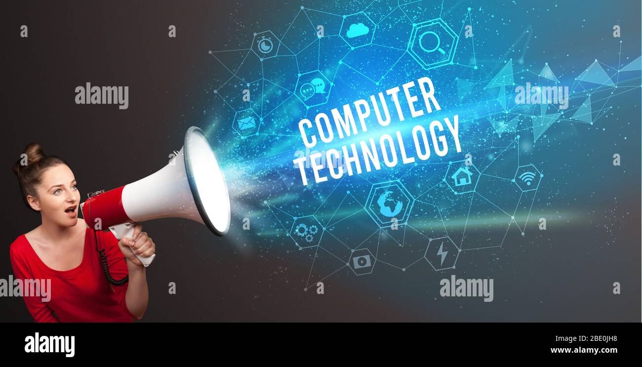 Young woman shouting in megaphone with COMPUTER TECHNOLOGY inscription ...