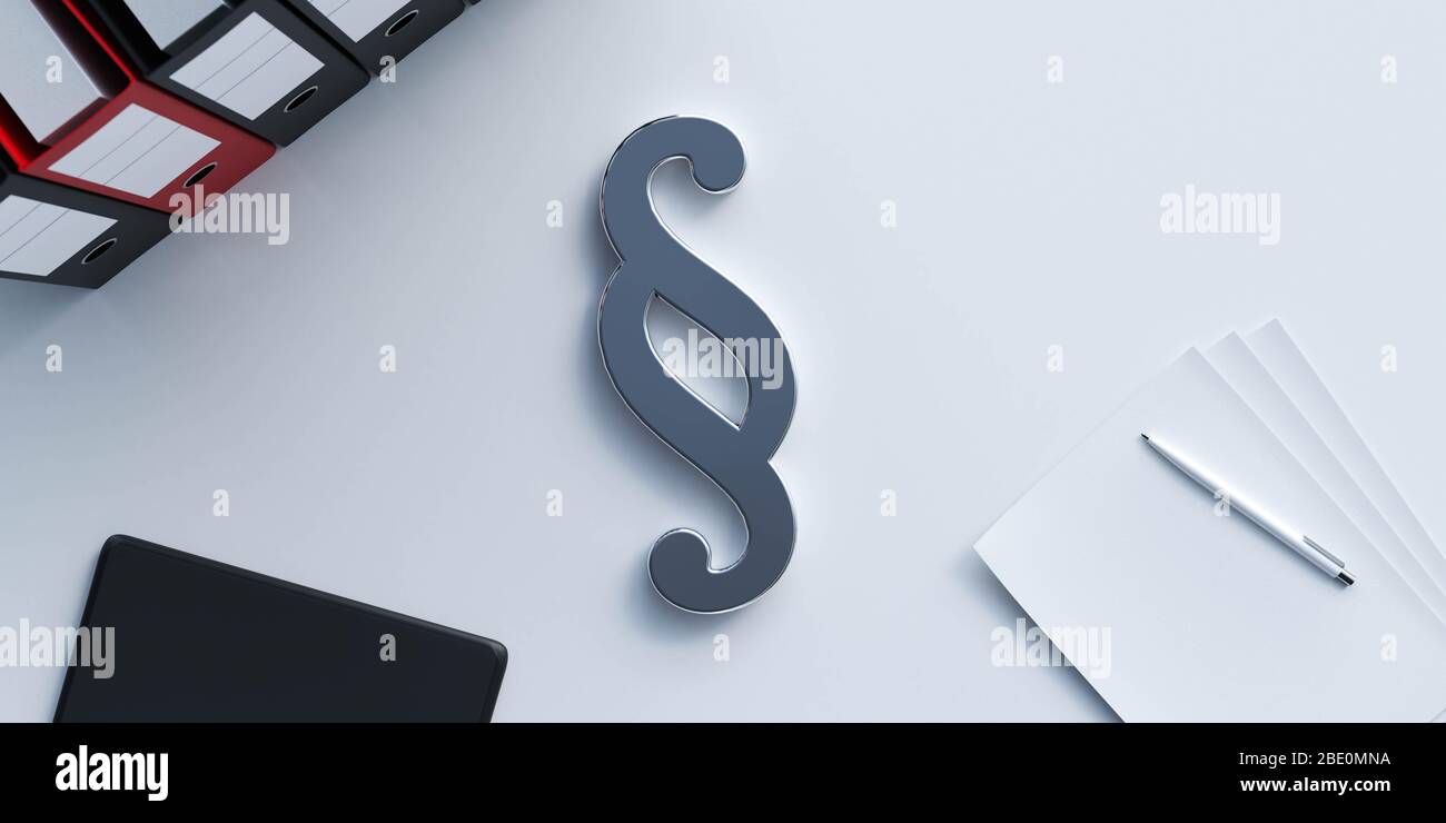 Paragraph symbol on white office desk with folders, pen and paper ...