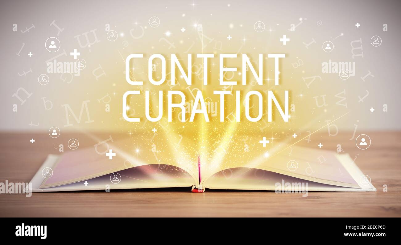 Open book with CONTENT CURATION inscription, social media concept Stock ...