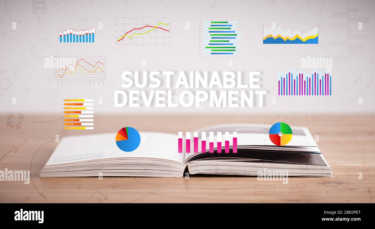 Open book with SUSTAINABLE DEVELOPMENT inscription, new business ...