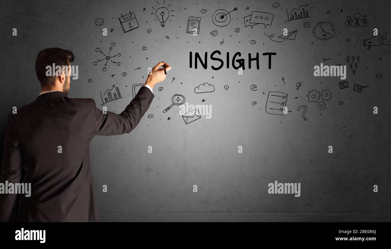 businessman drawing a creative idea sketch with INSIGHT inscription ...