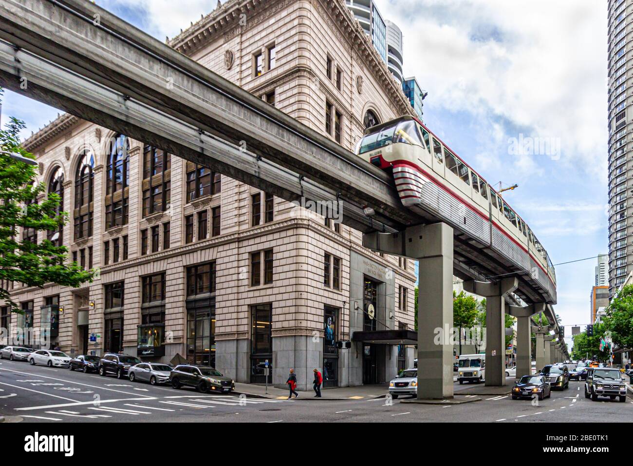 The monorail passing in front an iconic building in Seattle, WA Stock ...