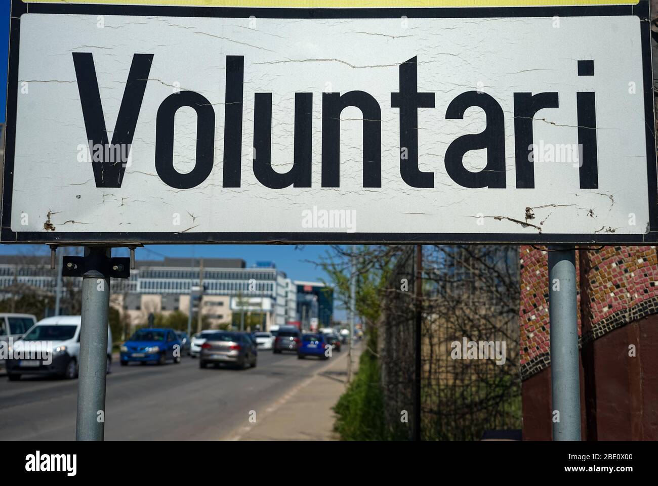 Voluntari, Romania - April 08, 2020: Voluntari city entrance sign ...